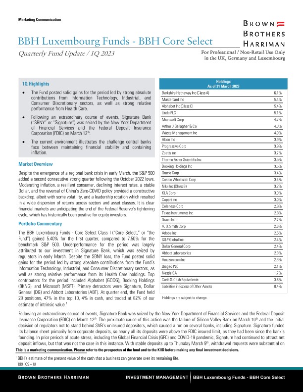 BBH Luxembourg Funds – BBH Core Select Fund Institutional Quarterly ...